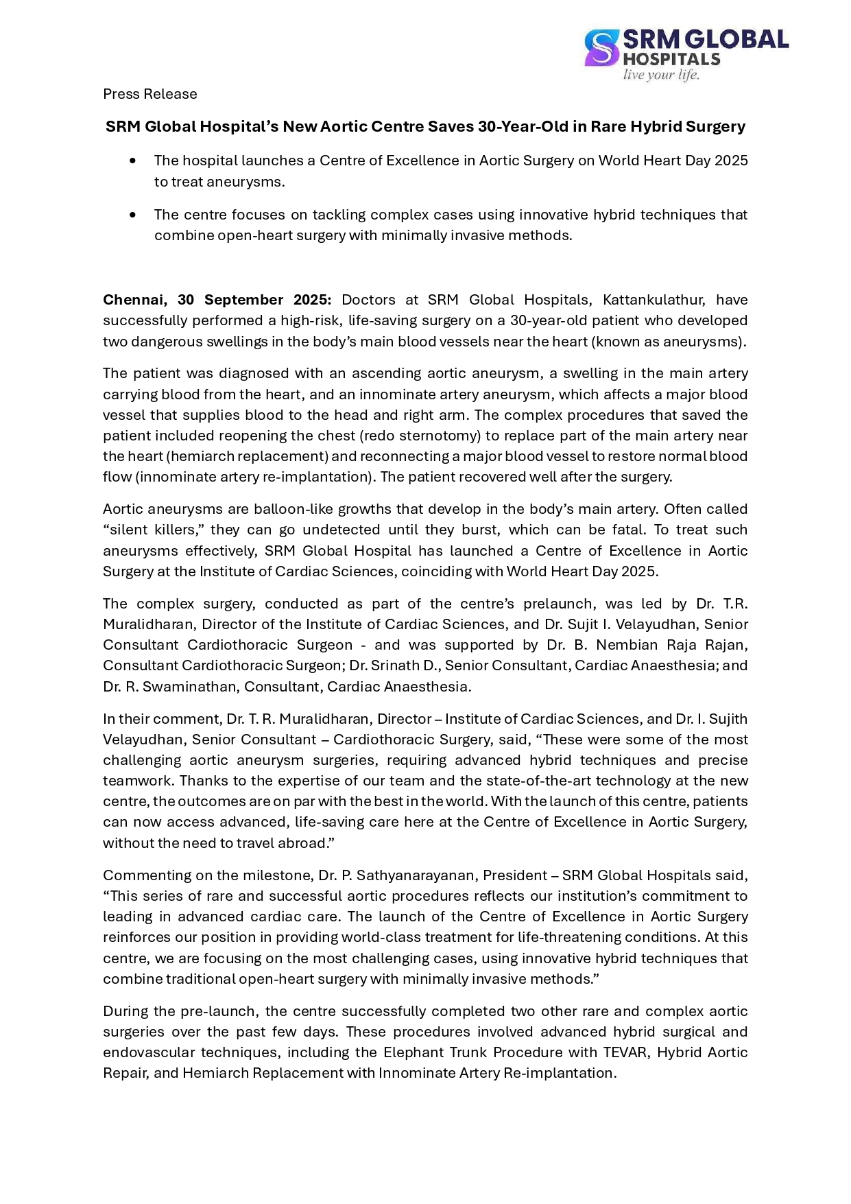 SRM Global Hospital’s New Aortic Centre Saves 30-Year-Old in Rare Hybrid Surgery - SRM Global ...