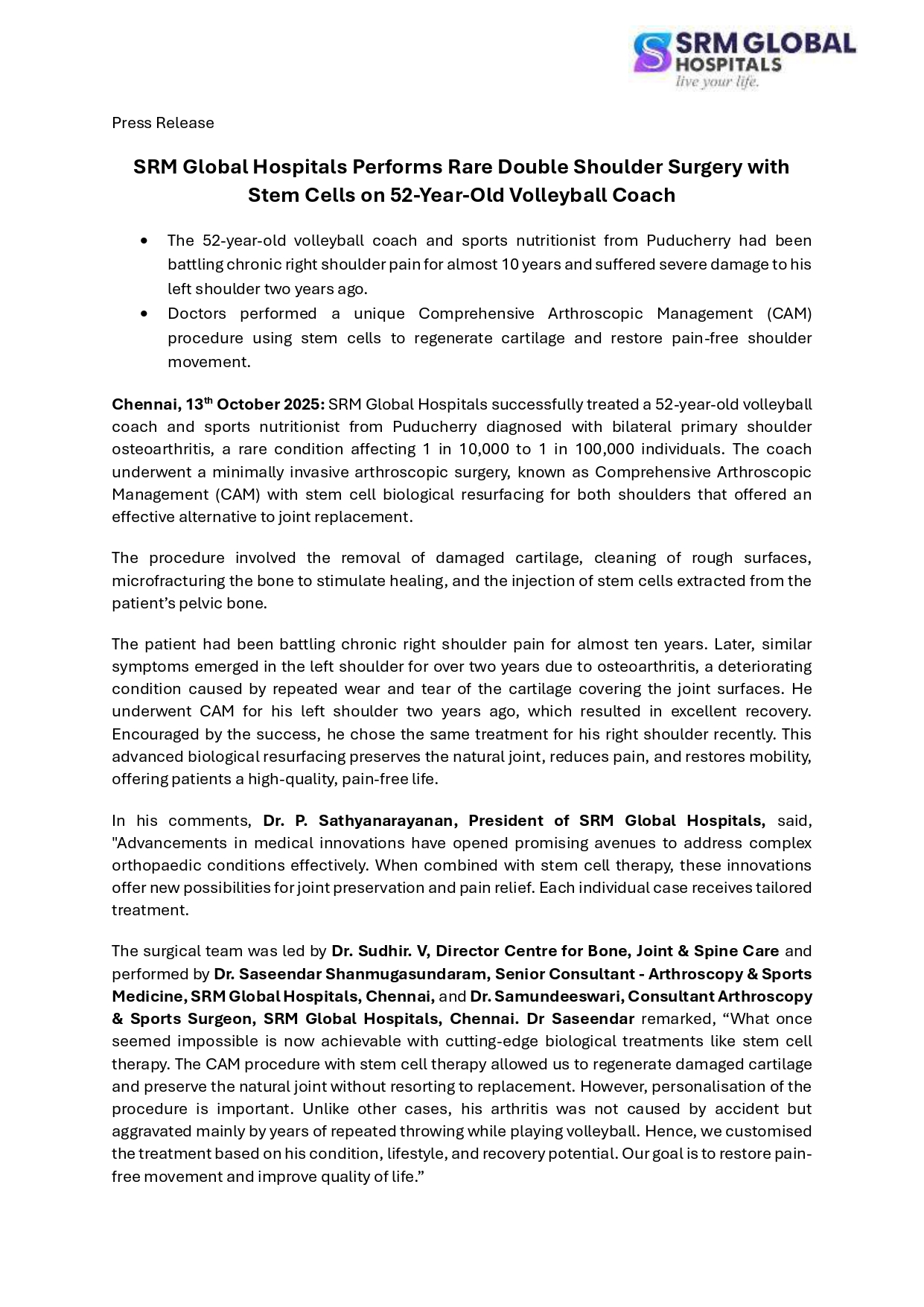 SRM Global Hospitals Performs Rare Double Shoulder Surgery with Stem Cells on 52-Year-Old ...